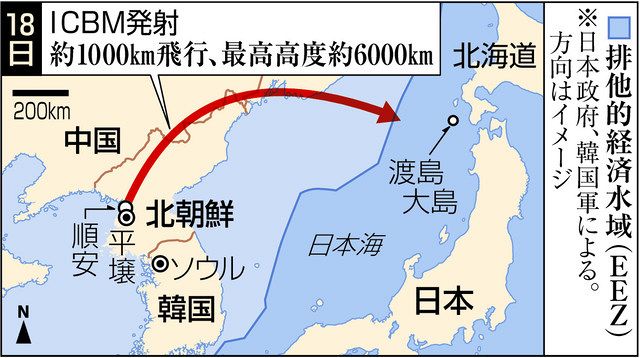 北朝鮮がICBM発射、北海道沖 EEZ内に着弾：中日新聞Web